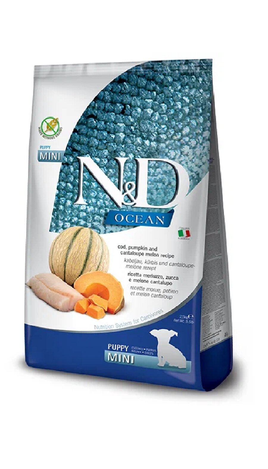 Корм сухой Farmina ND Ocean Dog Cod Pumpkin Cantaloupe Melon PUPPY MINI для щенков мелких пород треска тыква и дыня 2,5кг
