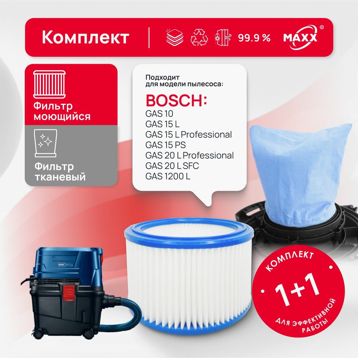 Комплект фильтров MAXX для пылесоса Bosch GAS 10, 15L, 20L, 1200L