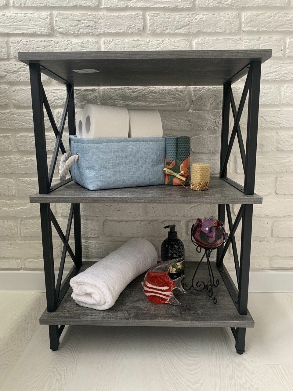 Стеллаж металлический, деревянный в стиле Лофт черный, стеллаж модульный, прикроватная тумба