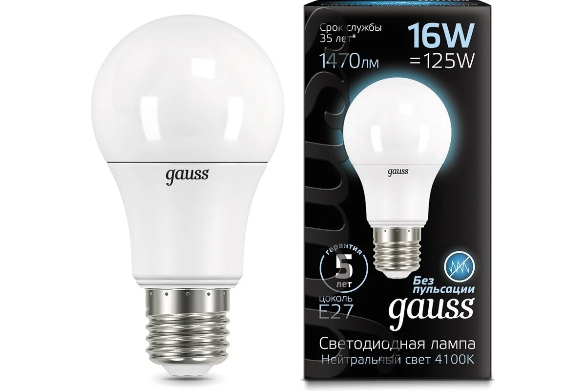 Gauss A60 LED лампа 16W 1520 lm 4100K E27 светодиодная 1/10/50 102502216 для помещений