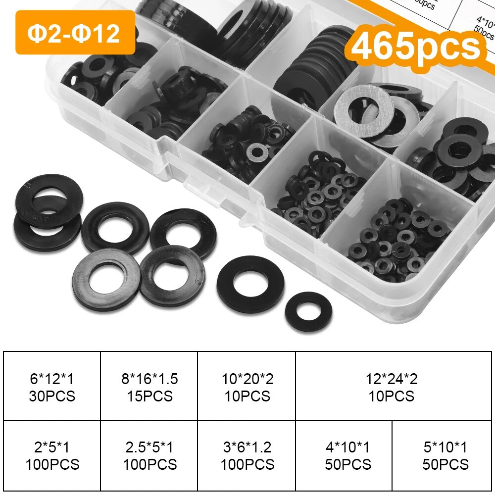 JUIDINTO набор нейлоновых плоских шайб NL-98-465HZ Black 2-12mm 465pcs