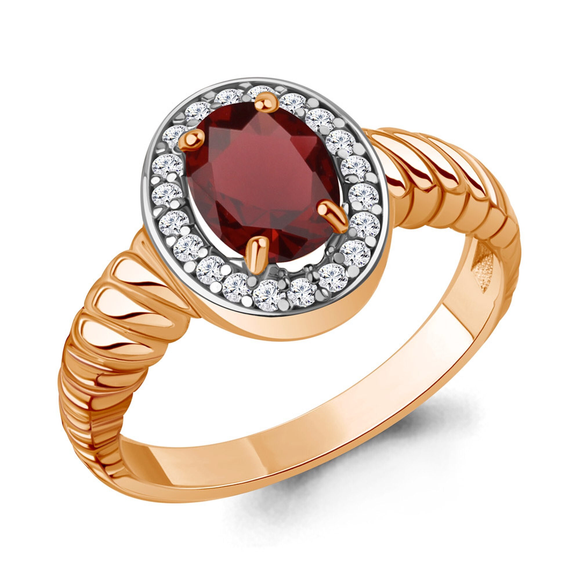 Кольцо, серебро, 925 проба, золочение, фианит, гранат