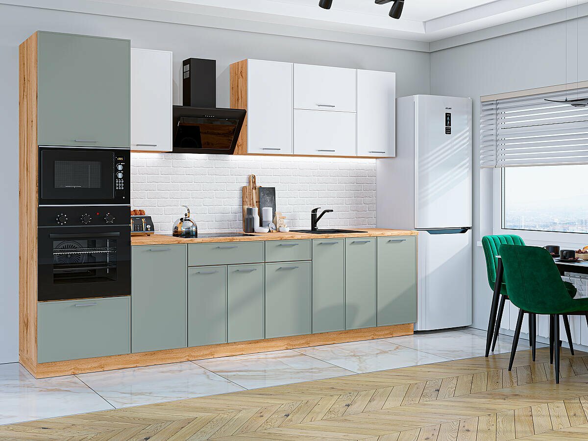 Кухня Квадро-01, цвет фасада Белый/Аквамарин, цвет каркаса Дуб Вотан, 2140*3000*600 мм
