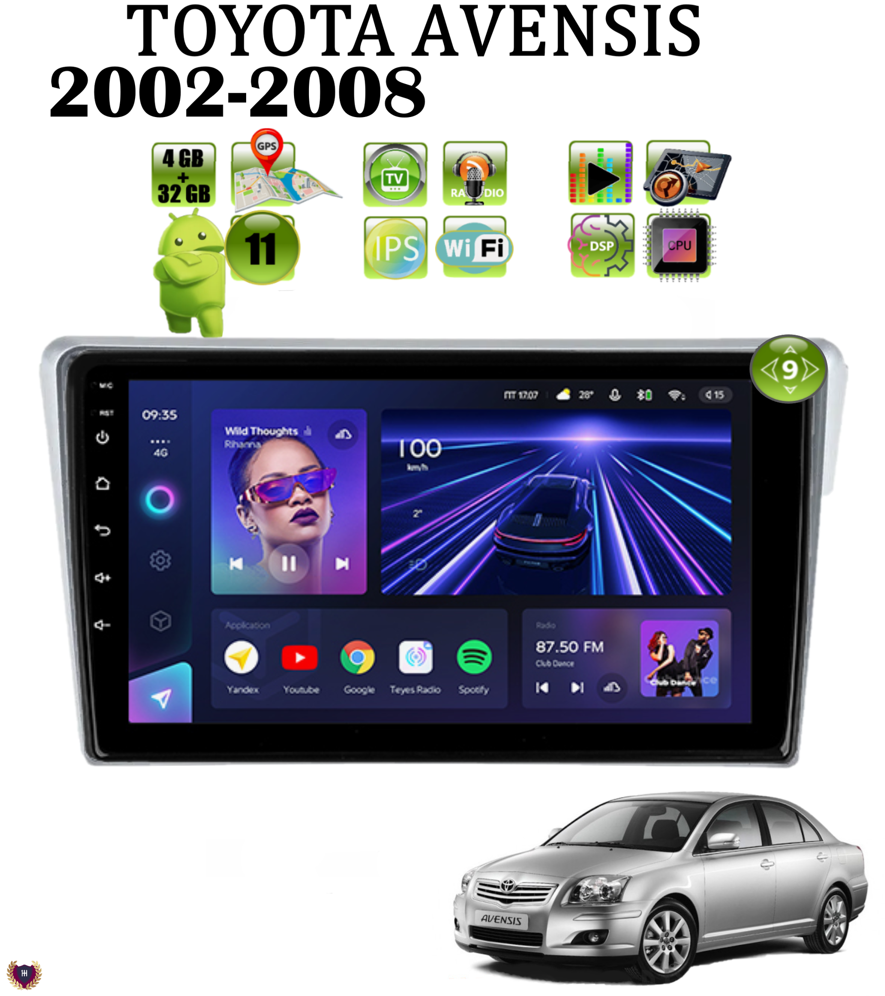 Автомагнитола для Toyota Avensis (2002-2008) Тойота Авенсис, Android 11, 4/32 GB, Bluetooth, WiFi, CarPlay, GPS, IPS, FM, TV, сенсорные кнопки, разделение экрана, поддержка кнопок на руле