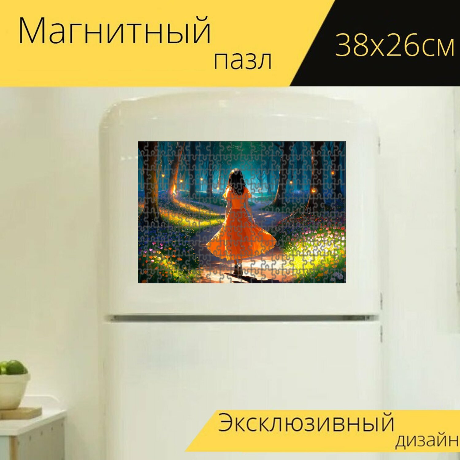 Магнитный пазл "Девушка в оранжевом платье идет по извивающейся дорожке в волшебном лесу, окруженном яркими цветами и светящимися огоньками. Лес густой." для интерьера, 38х26 см.