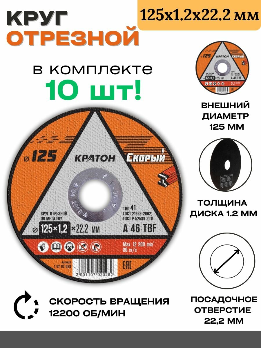Круги отрезные по металлу Кратон "Скорый" A 46 TBF 125х1,2х22,2 мм, 10шт