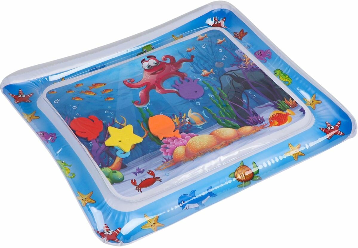 Акваковрик прямоугольный "Осьминог" для малышей, детский надувной водный (водяной) коврик с мягкими фигурками и яркими изображениями, для развития зрительных навыков и мелкой моторики, 60х50 см