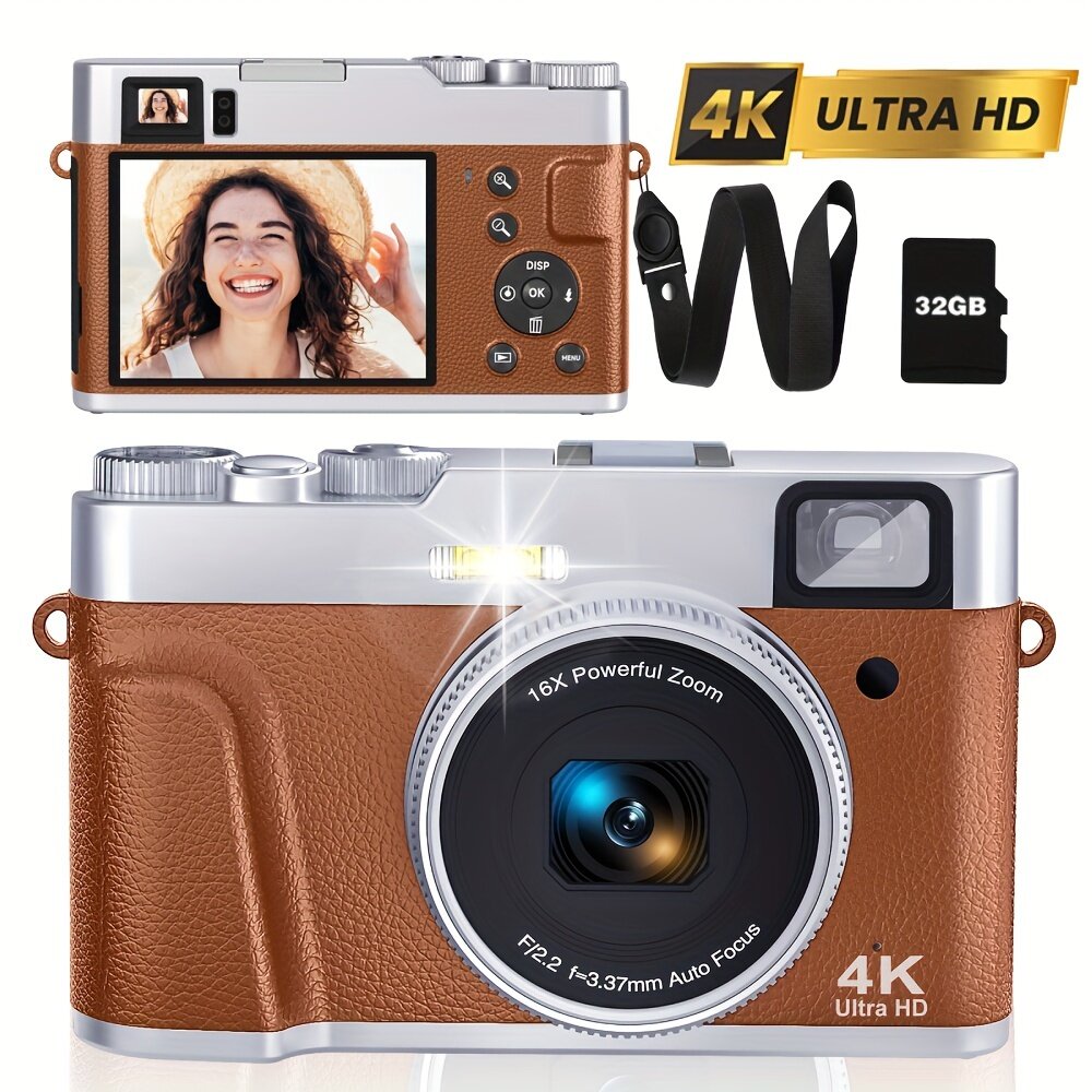 4K Ultra HD туристическая камера с автофокусом: 48MP камера для влогов для фотографии и видео, с LCD экраном, картой памяти 32 ГБ и 1 перезаряжаемым аккумулятором - коричневая