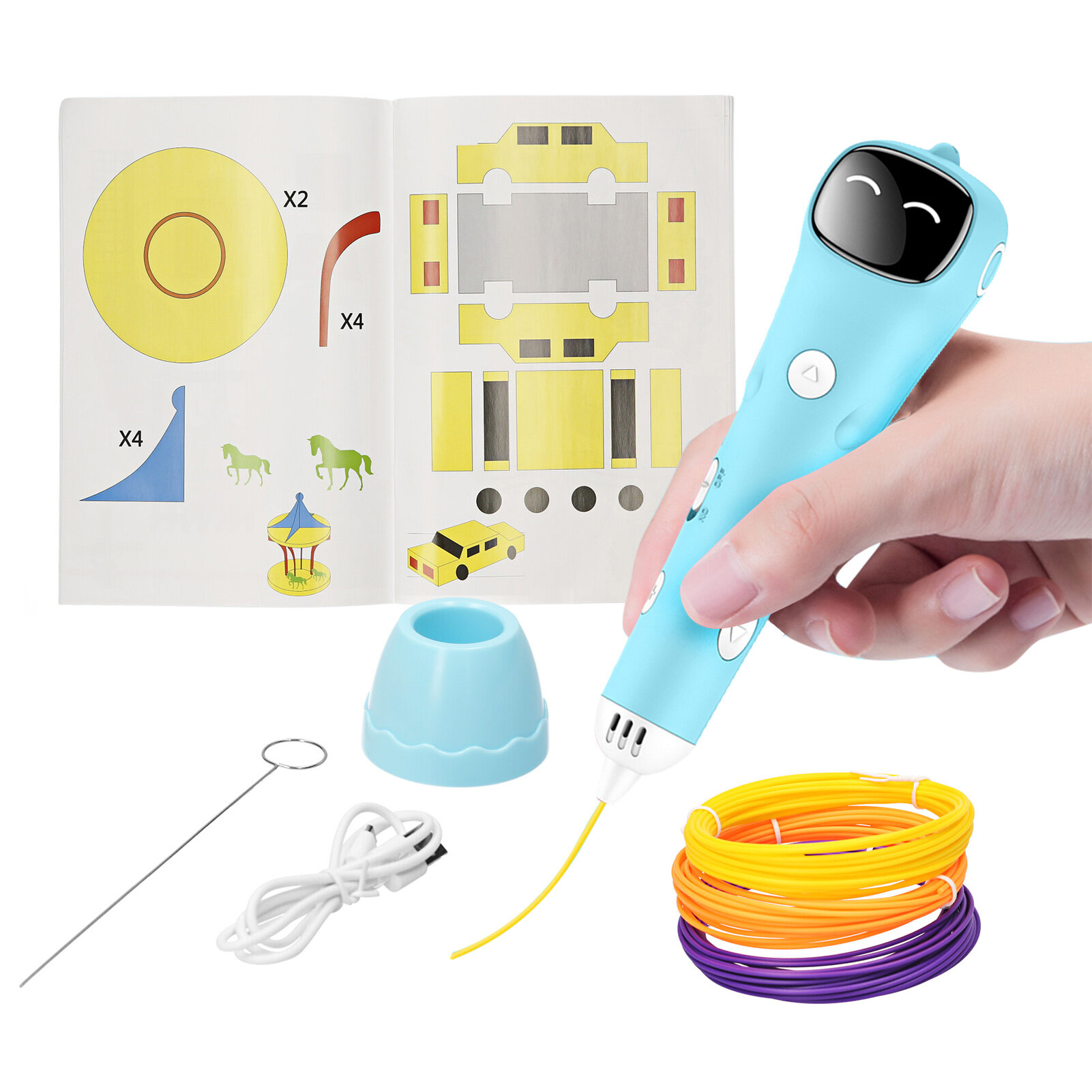 3D Printing Pen Беспроводной Низкотемпературный с Голосовым Подсказкой, Набор для Начинающих 3D Ручка, 3 Плёнки PCL 1.75mm, Подставка для Ручки, Практическое Руководство, Чистящая Игла, Для Детей, Синяя / Розовая (Выбор)