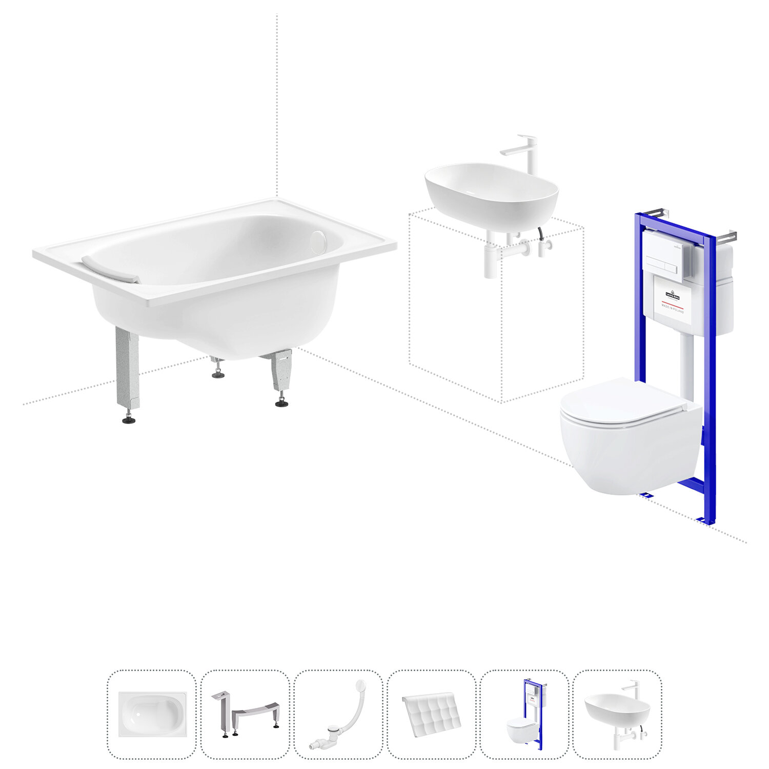 Стальная ванна 105х70 Sanitana BLB Europa Mini 20220754R в наборе 6 в 1: металлическая ванна 105 х 70 см с сиденьем, ножки, слив-перелив, подголовник, инсталляция с унитазом, раковина с комплектом для подключения