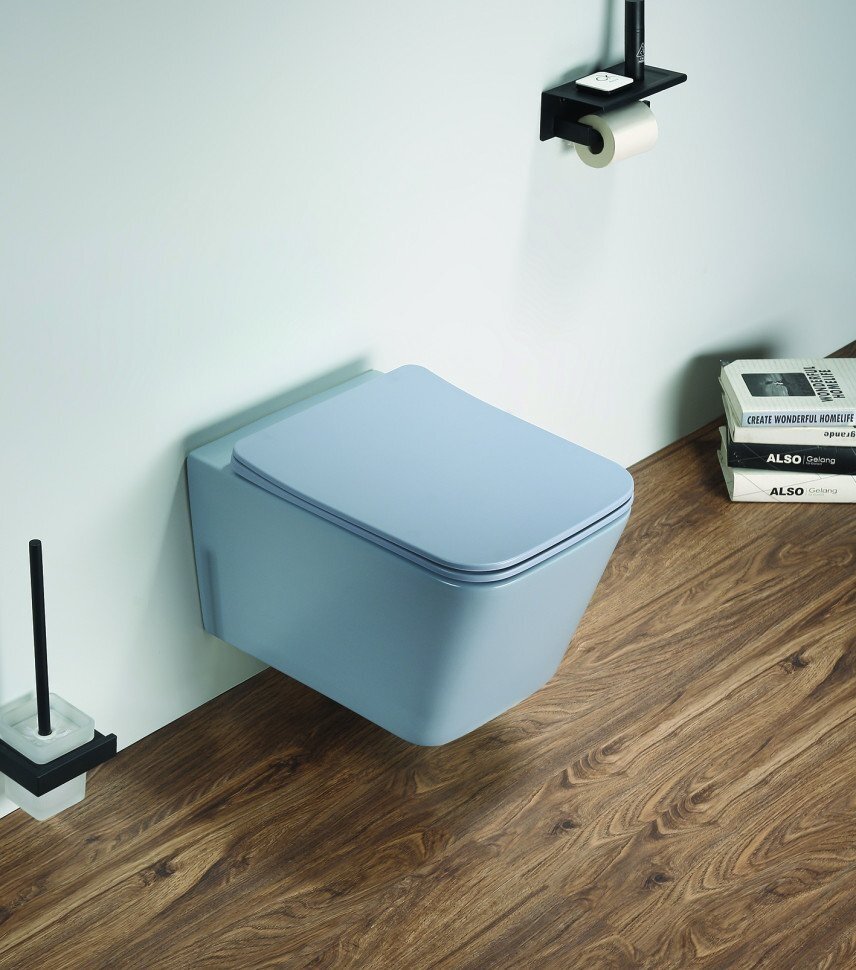 Унитаз подвесной CeramaLux 5170MHL голубой матовый, безободковый, с крышкой микролифт