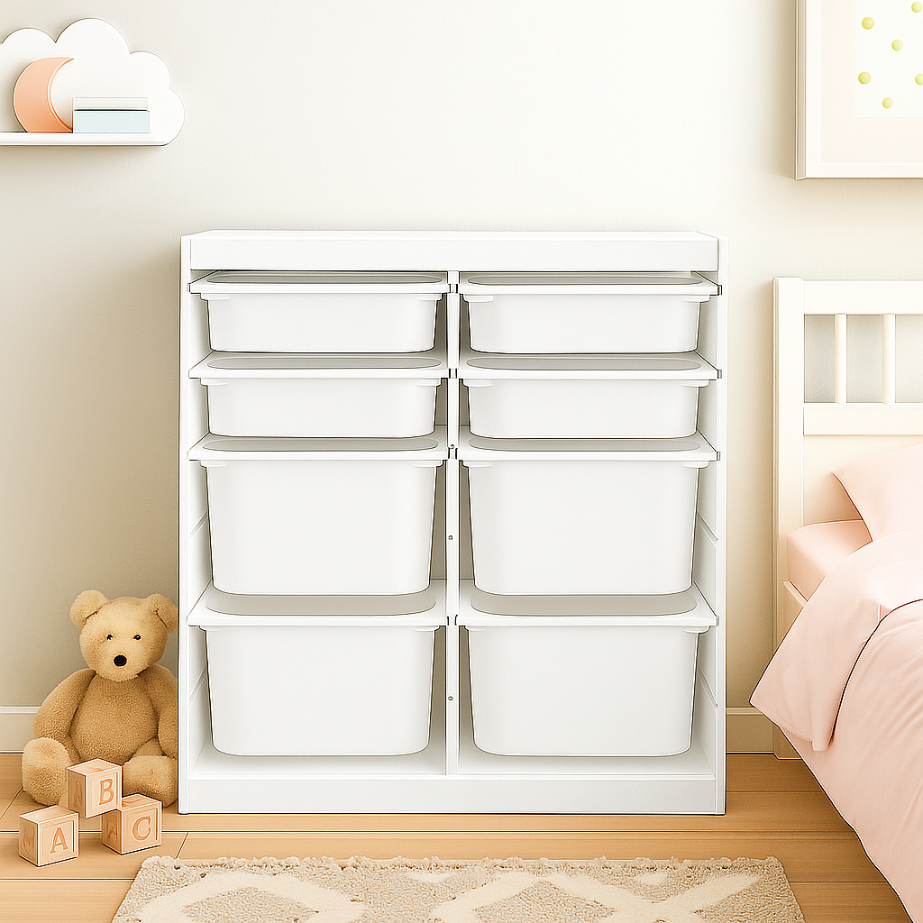 Стеллаж Труфаст белый с контейнерами (4 больших+4 маленьких) двойной TROFAST