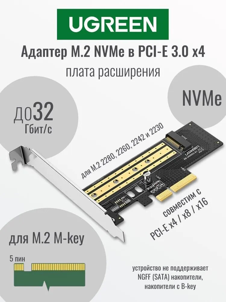 Адаптер-переходник UGREEN CM302 (70503) M.2 NVMe to PCI-E 3.0 х 4 Expansion Card черный