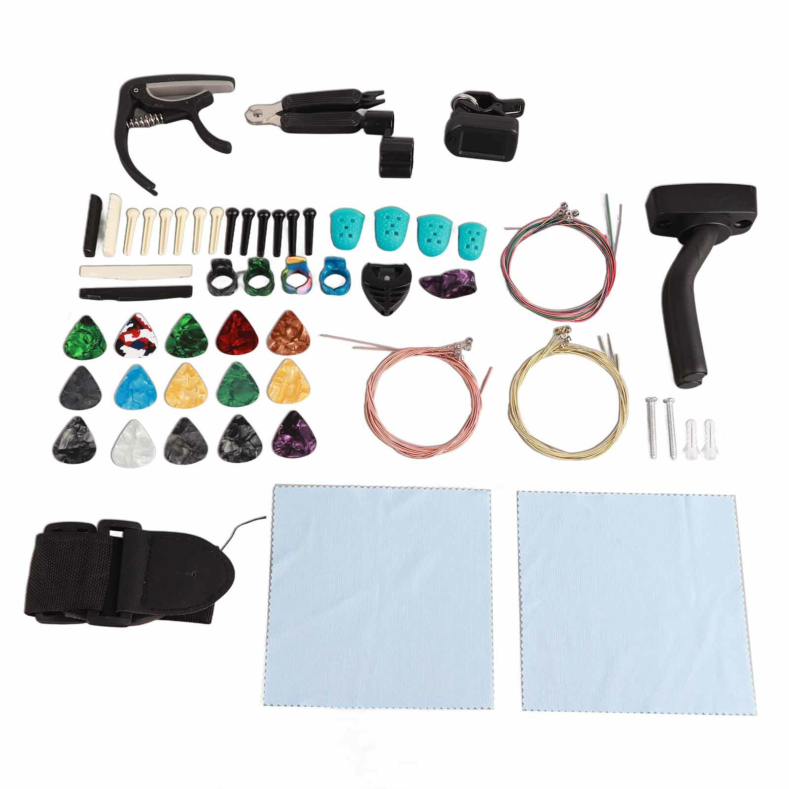 Набор из 66 гитарных аксессуаров: настенное крепление для струн, ремень, тюнер, медиаторы, плектры для указательных пальцев, штифты