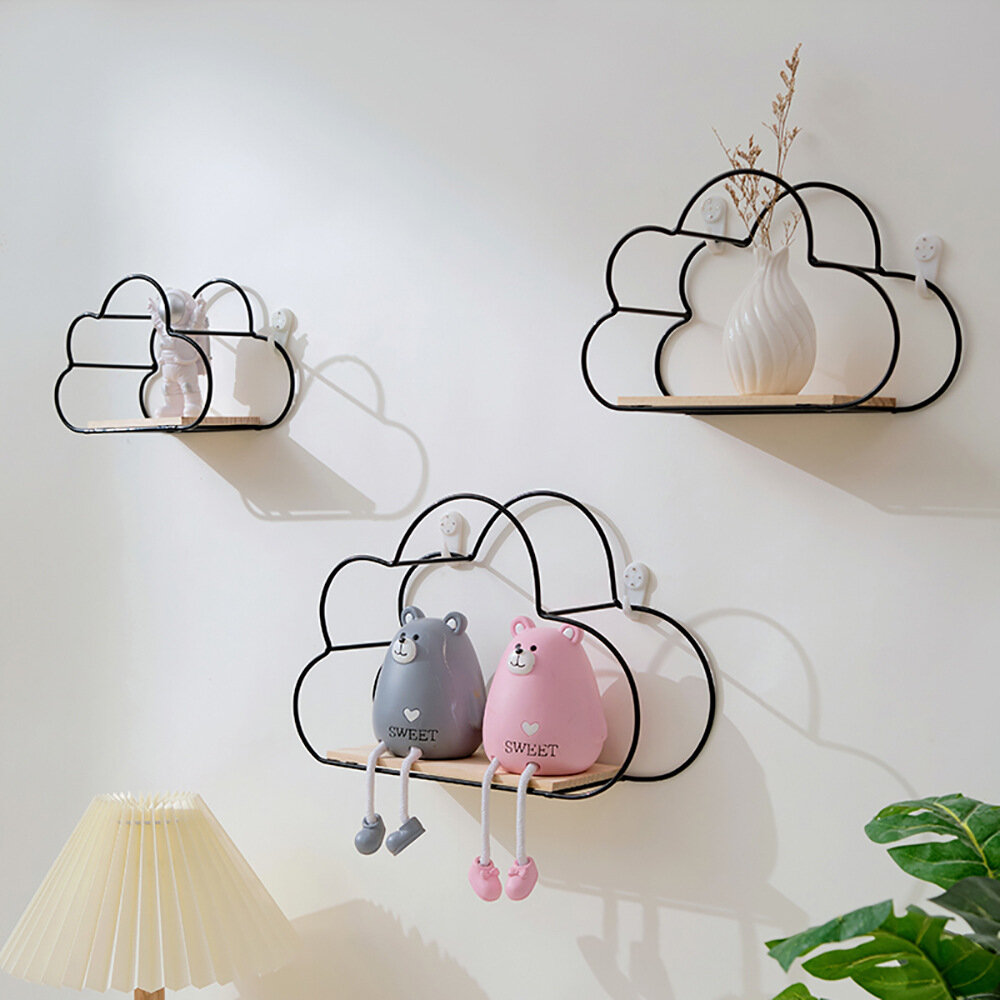 Форма облака Полка Настенная Прямая, Отделка стен, черное，Кованое железо + деревянная доска，Набор из трех частей