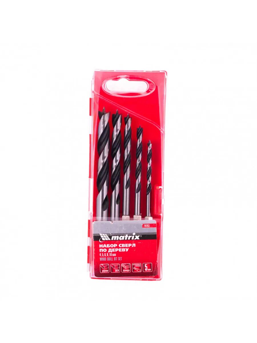 Набор сверл по дереву, 4-5-6-8-10 мм, 5 шт, , MATRIX, 70283