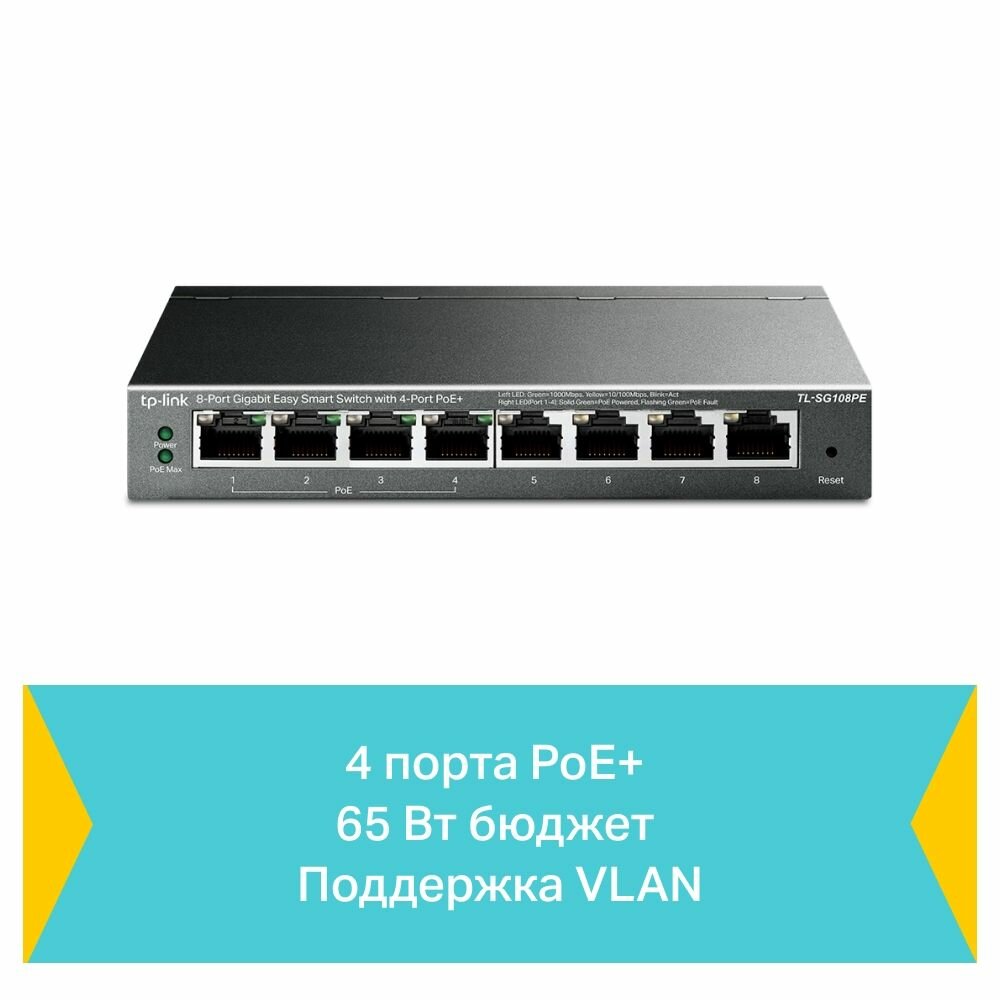 Коммутатор TP-Link TL-SG108PE Easy Smart гигабитный управляемый, 8xRJ45 1Гбит/с (4 порта PoE+), с поддержкой автосогласования и авто-MDI/MDIX
