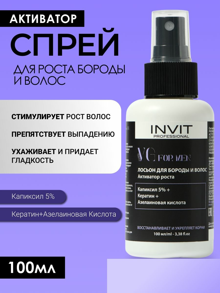 Кератиновый лосьон INVIT с капиксилом 5% для роста бороды и против выпадения волос