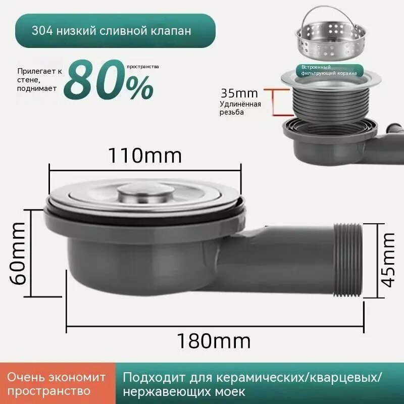 Сифон для кухонной мойки плоский без перелива