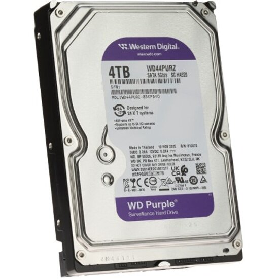 Жесткий диск Western Digital Жесткий диск 3.5" WD Purple 4 ТБ, SATA III, 256 Mb, 5400 rpm CMR (WD44PURZ)