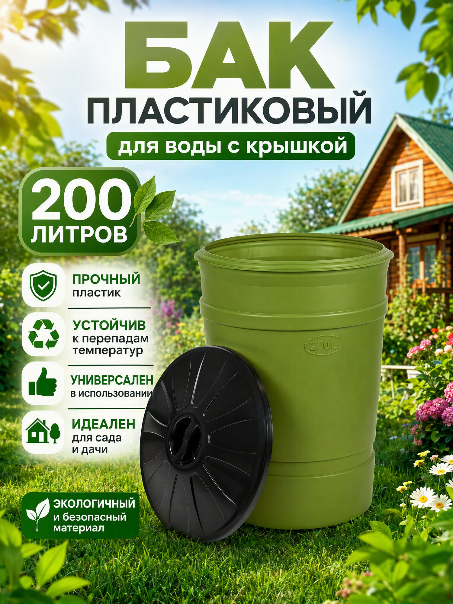 Бак для полива 200 литров, крышкой пластиковый, универсальный для воды