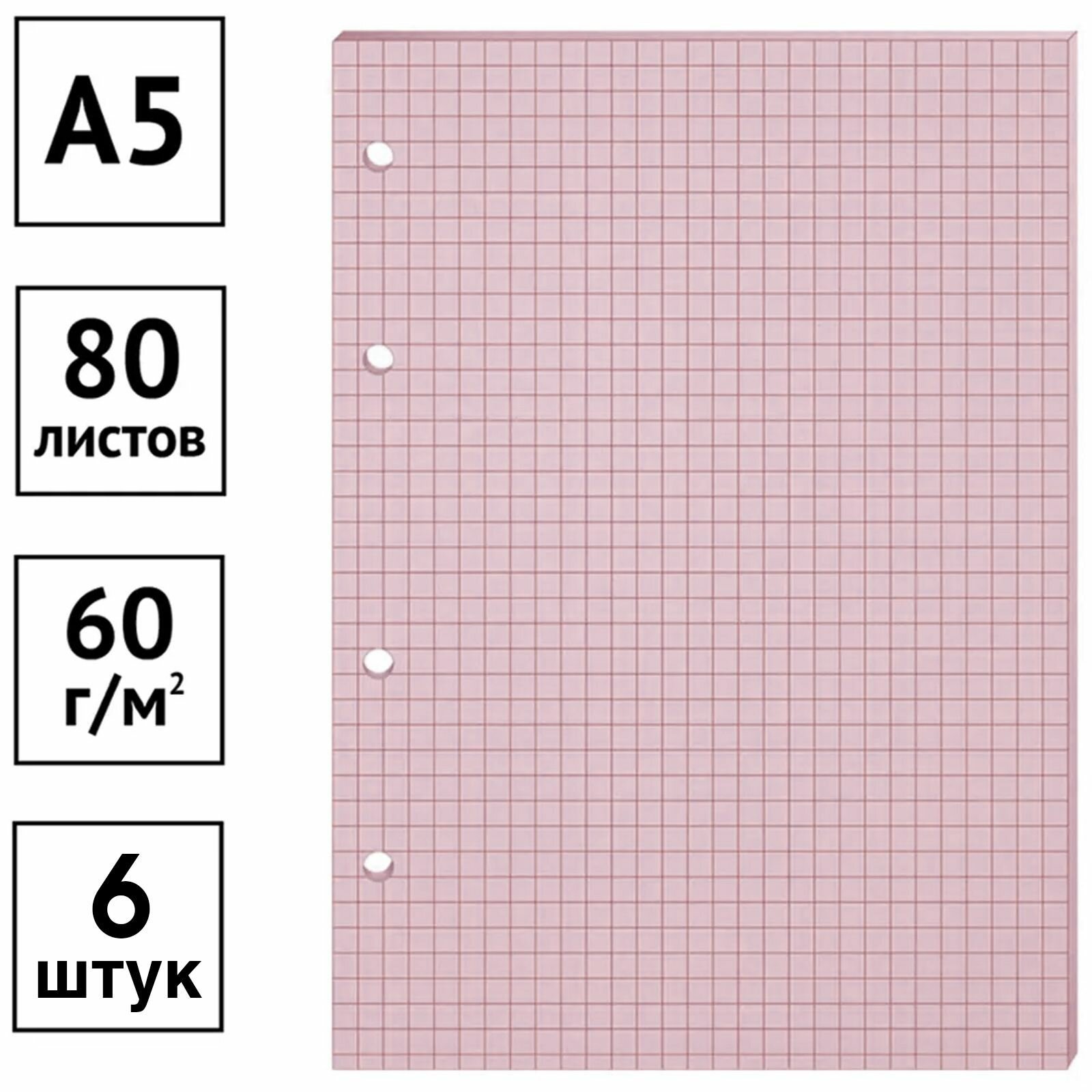 Сменный блок/листы для тетрадей на кольцах, 80л, А5, розовый, клетка, набор из 6 штук