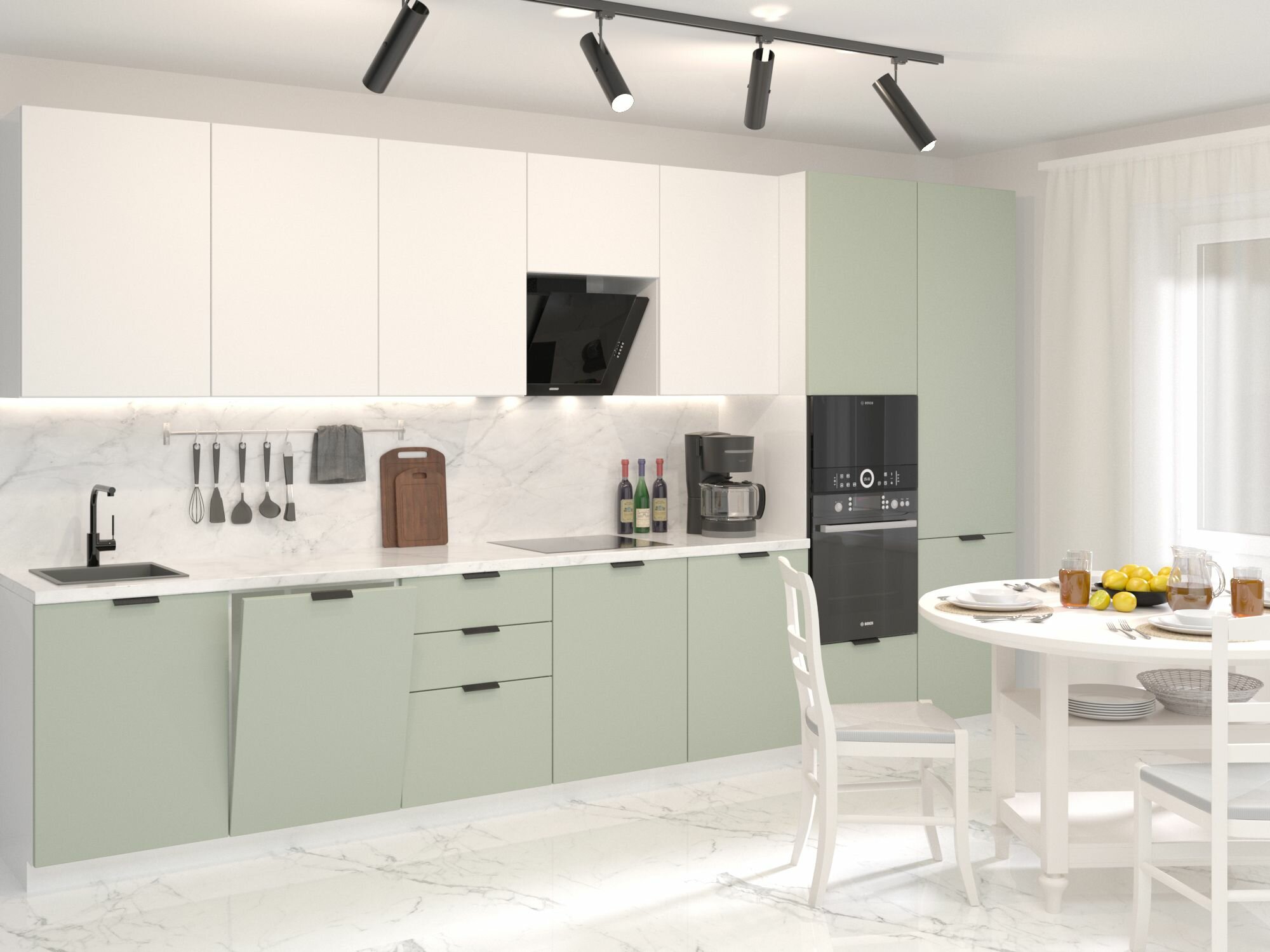 Кухонный гарнитур Фьюжн, Белый/Зеленый матовый, 4200 мм