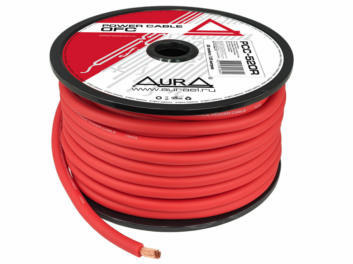 Кабель силовой AurA PCC-520R, OFC, 4AWG/20мм2, 25м/катушка, красный