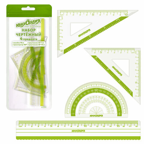 Набор чертежный юнландия "геометрия" (линейка 18 см, 2 треугольника, транспортир), зеленая шкала, 210740