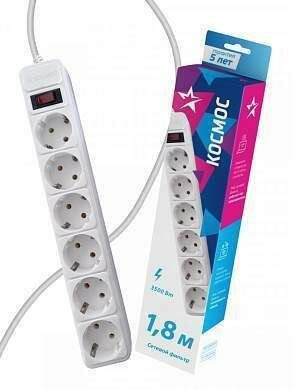 Космос сет. удл.-фильтр ПВС 3х1 6 роз. 1.8 м 16А (3500 Вт) белый, земля, выкл. FKsm1.8m-6g(W)16A