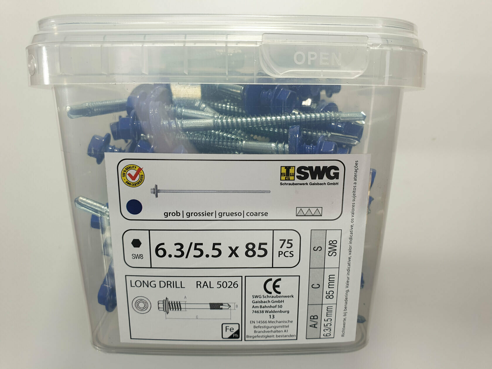 Саморез по металлу шестигранная голова с длинным буром и шайбой для сэндвич-панелей SW8 6.3/5.5x85 RAL 5026 (75 pcs) SWG, Германия