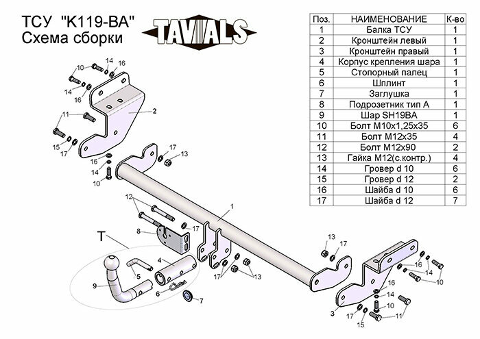 Фаркоп(прицепное) Tavials для KIA CEED SW (JD) 2012-. (С быстросъемным шаром)(паспорт и сертификат в комплекте)(без электрики)T-K119-BA