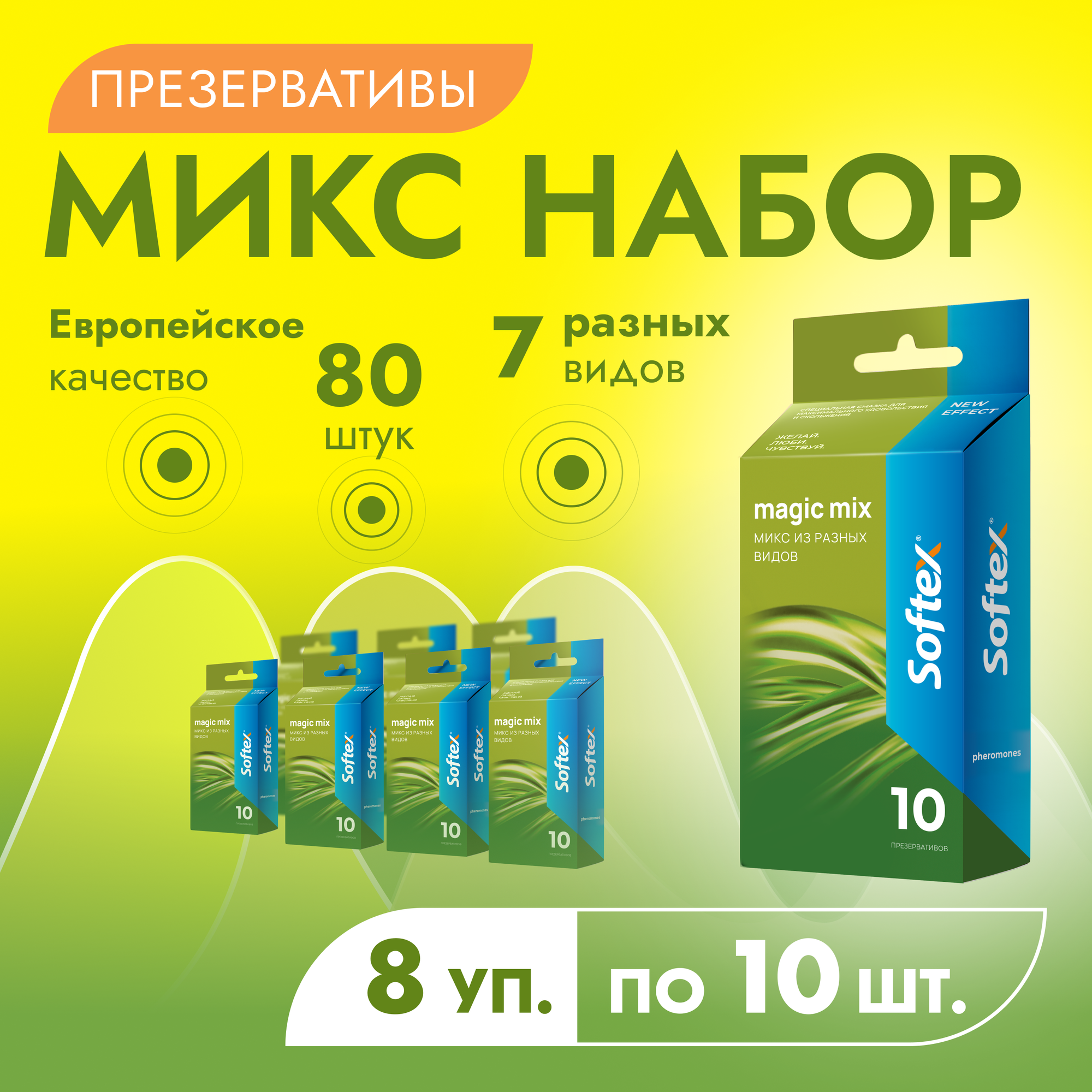 Softex Magic Mix презервативы набор 80 шт (7 видов): микс ребристые, ультратонкие, с пупырышками и др.