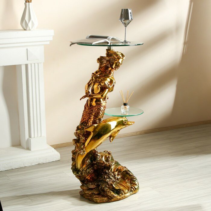 Столик журнальный декоративный «Дельфин и русалка», под золото, 48×48×104 см