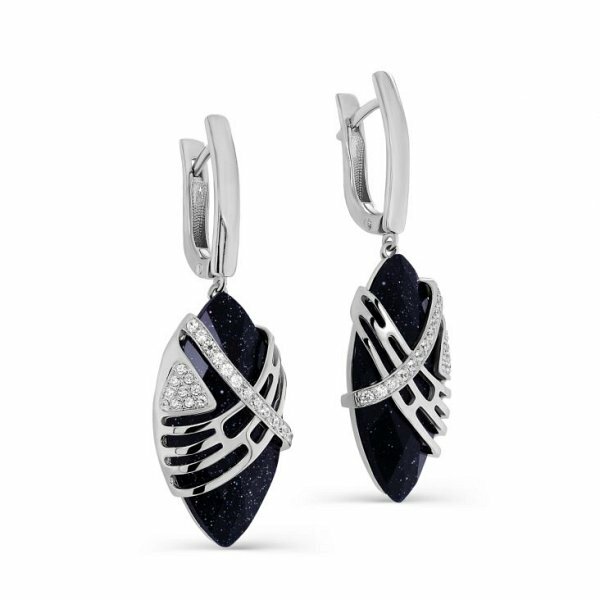 Серьги с подвесками, серебро, 925 проба, родирование, фианит, авантюрин