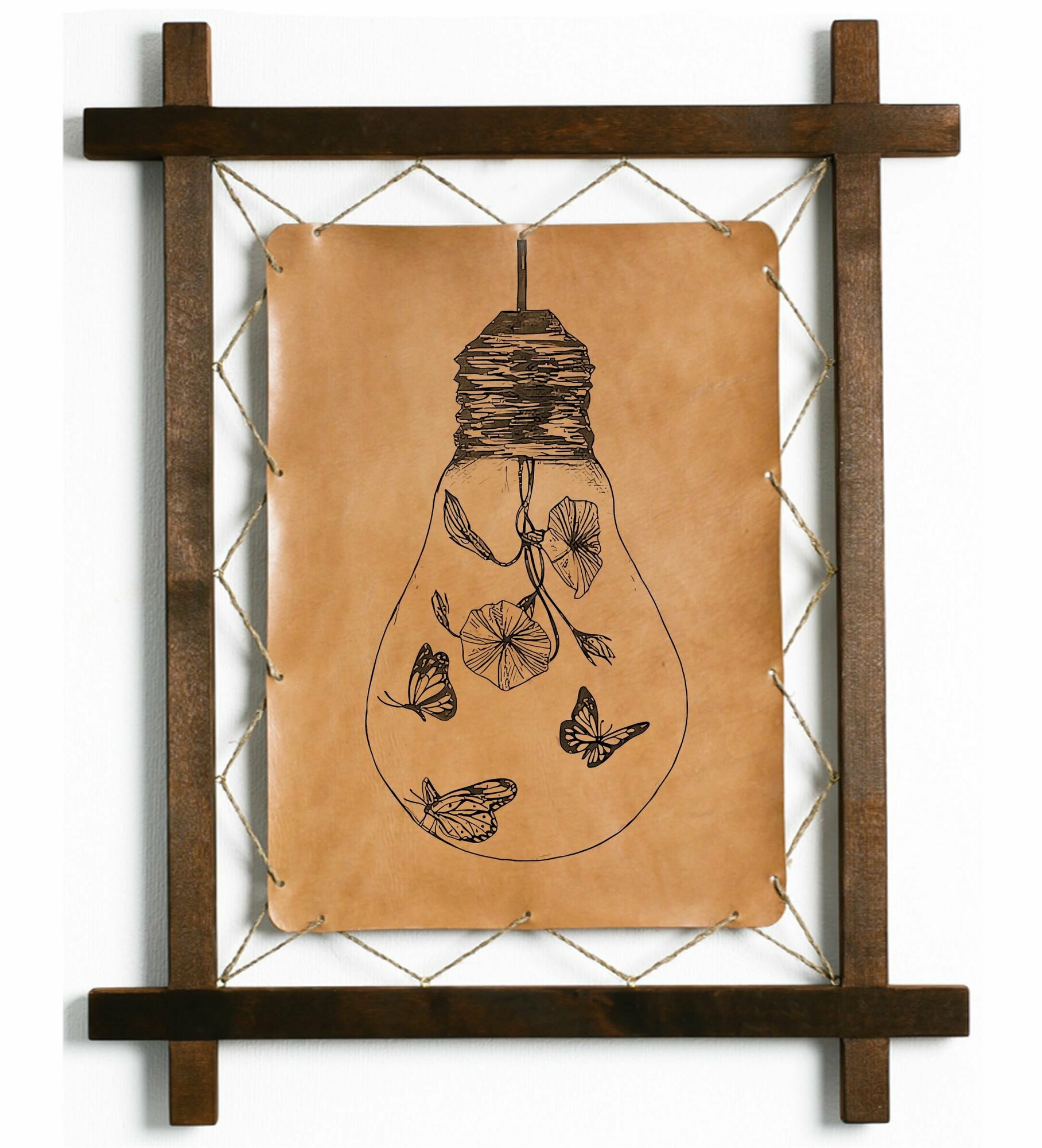 Картина интерьерная из кожи "Бабочки в лампочке", BoomGift