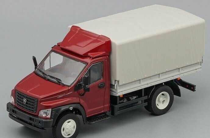 Масштабная модель автомобиля коллекционная ГАЗон C41R13 бортовой (с тентом и обтекателем), бордовый / серый