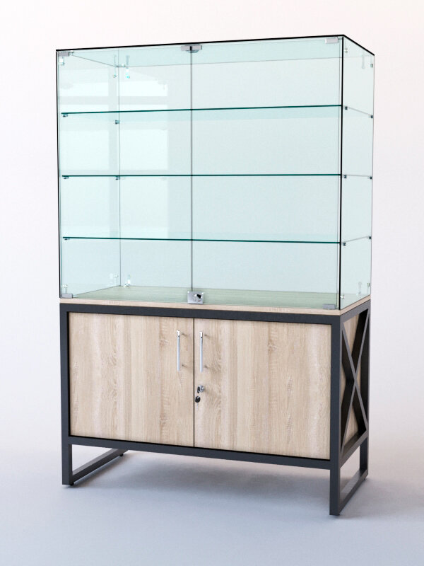 Витрина стеклянная "лофт стиль" островная №321 (с дверками, фасад - стекло), Дуб Сонома