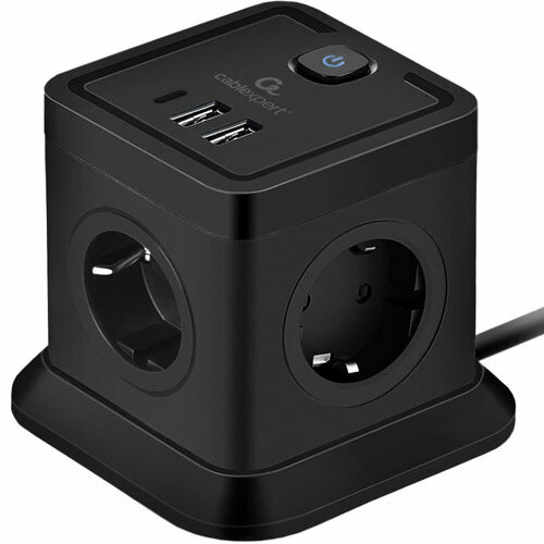 Сетевой фильтр Cablexpert Tower TWR-4-CU2-B-2 куб подставка 4 евро роз. 2.5кВт заряд 2 порта USB-A 2.4А + USB-C - 2м чёр