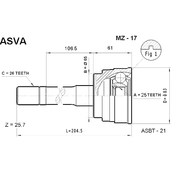 ASVA MZ-17 (M07025500C / M07025600A / MD0925500A) шрус наружный 25x65x26
