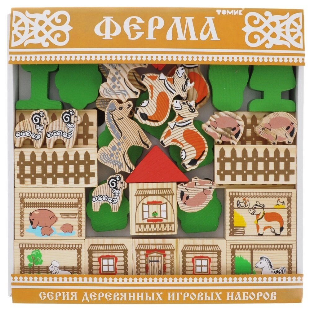 Деревянный сюжетно-ролевой конструктор Томик "Ферма", игровой набор из 42 деталей