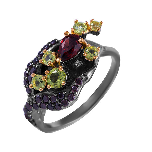 Кольцо, серебро, 925 проба, фианит, гранат, перидот