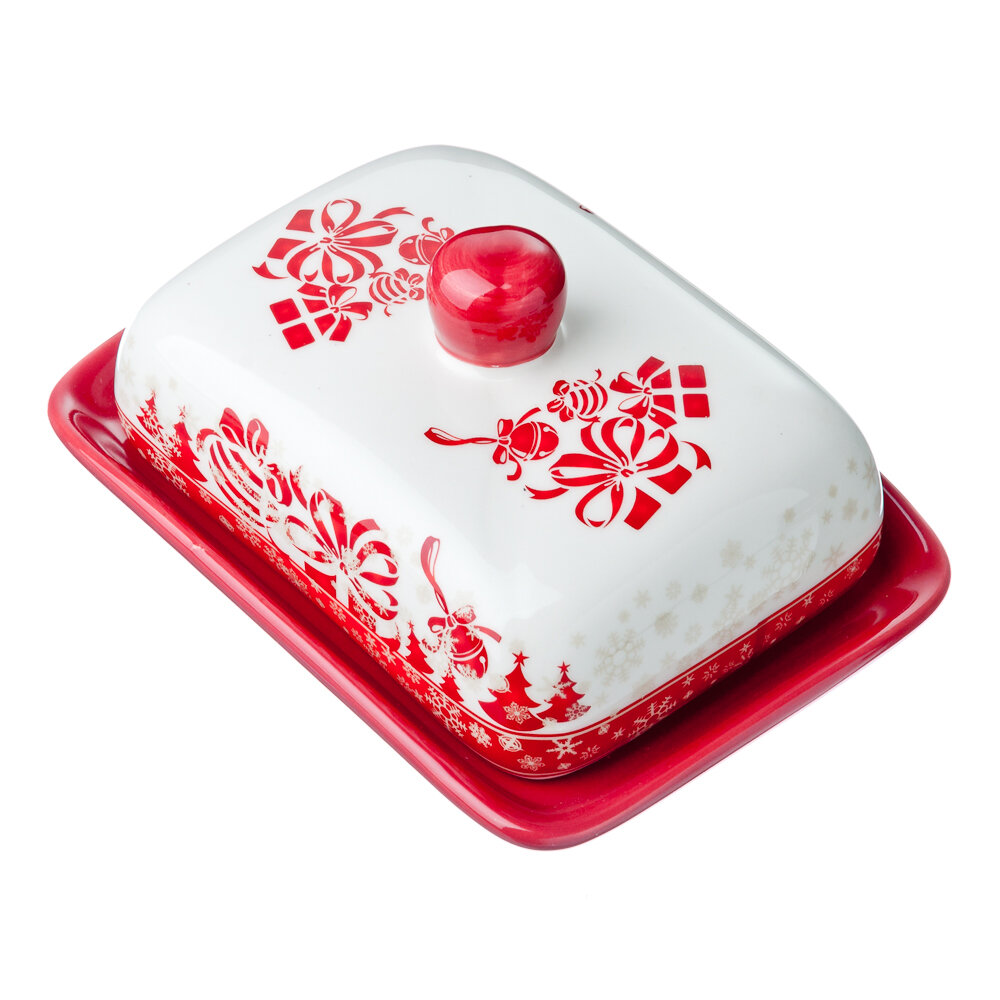 Масленка Millimi "Новогодняя сказка", керамика, белая, с крышкой, 8x12x16 см