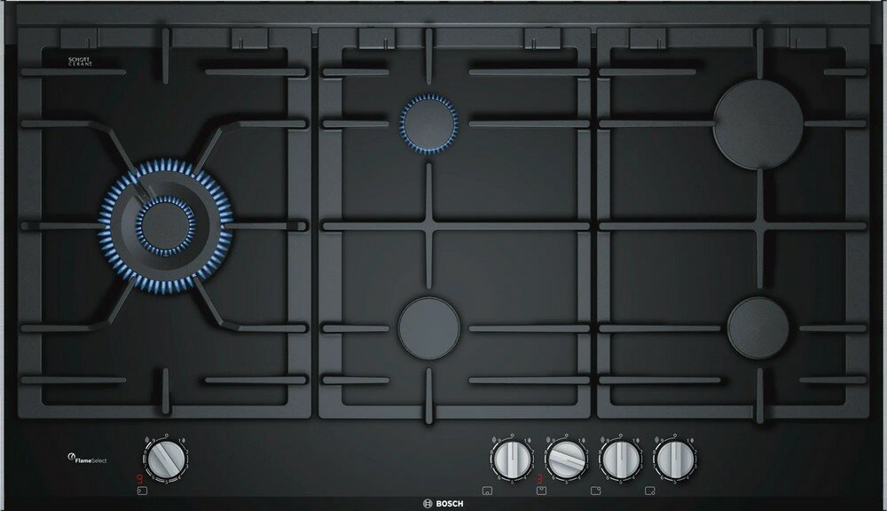 Варочная панель газовая Bosch PRS9A6D70M, Серия 8, 5 конфорок, 13.7 кВт, 9 уровней нагрева, газ. контроль, черная