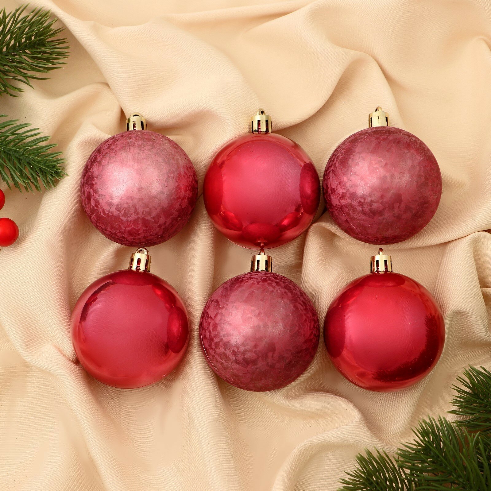 Ёлочные игрушки «Чары волшебства», шары новогодние, d=5.5 см, набор 6 шт, красный