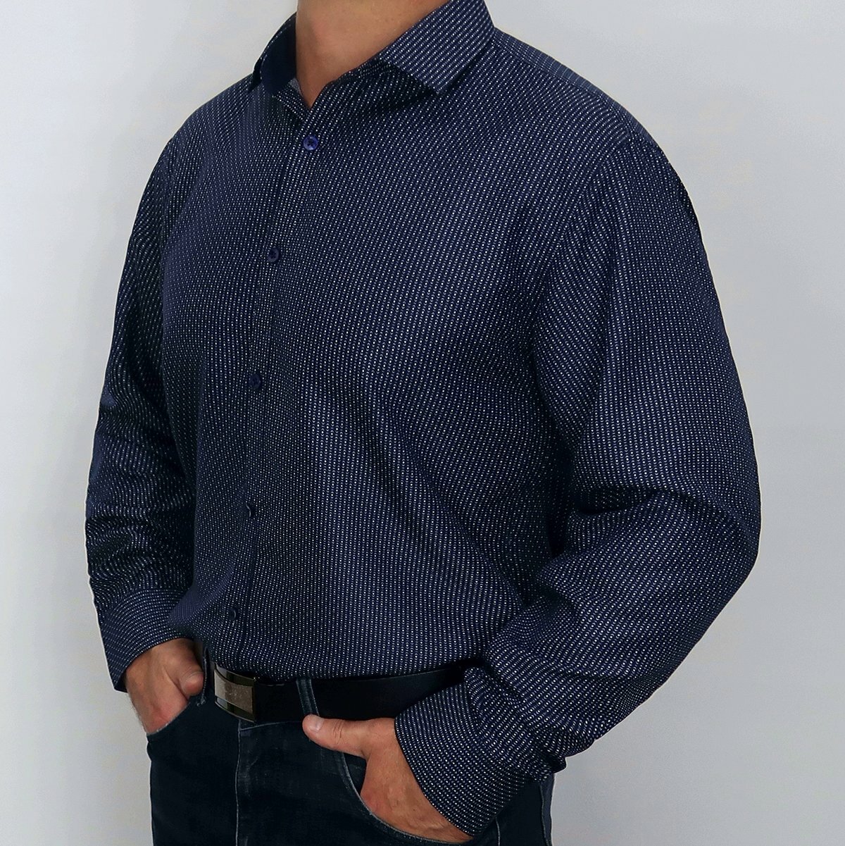 Рубашка Мужская рубашка с длинным рукавом приталенная, темная сорочка на пуговицах, рубаха на любой сезон, синяя в мелкий рисунок, без карманов, на любой сезон и на лето рубашка Slim fit с приталенным кроем з