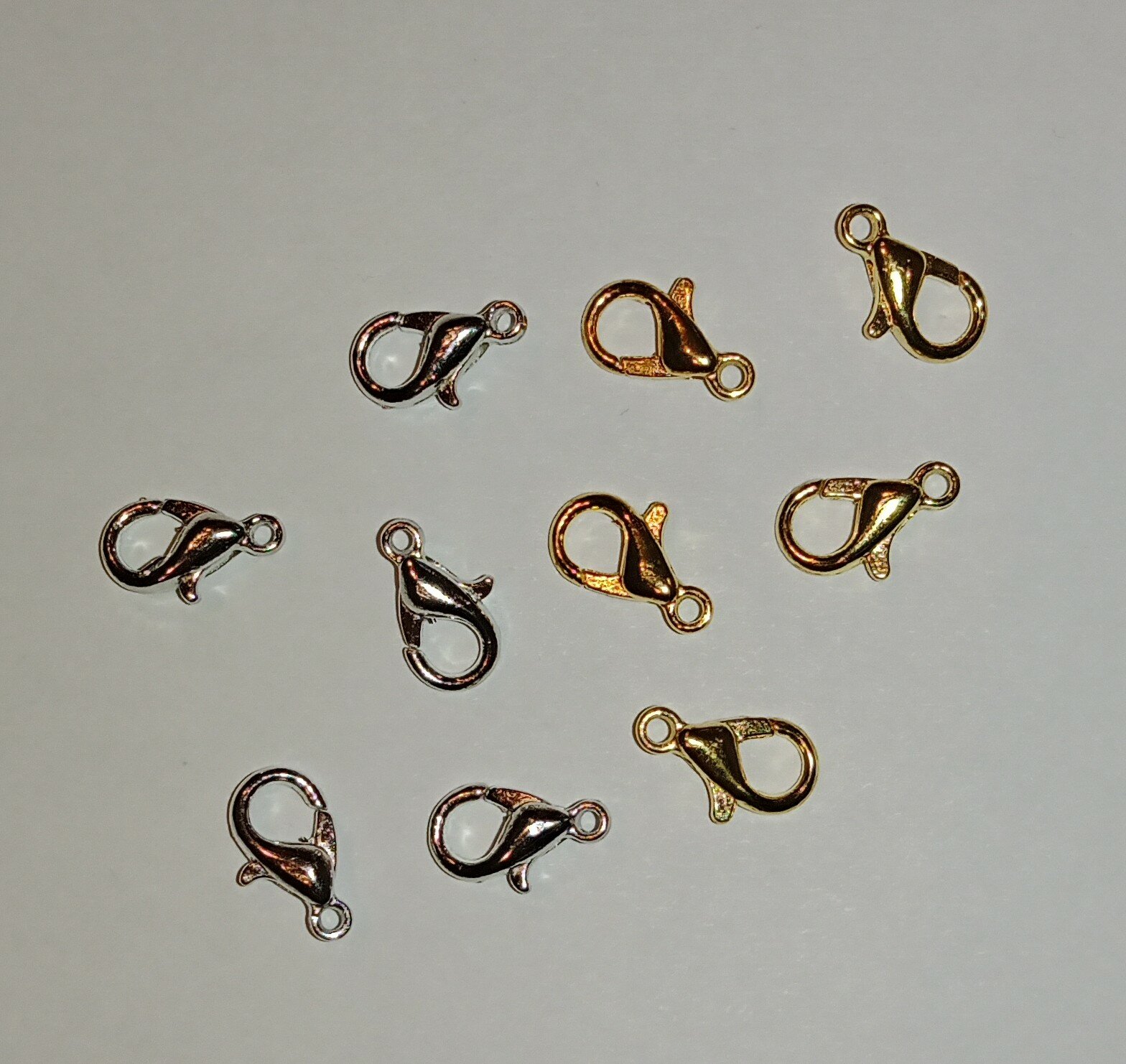 Комплект замков-карабинов для бус и браслетов, цвет серебро и золото, 10 шт, 12 мм
