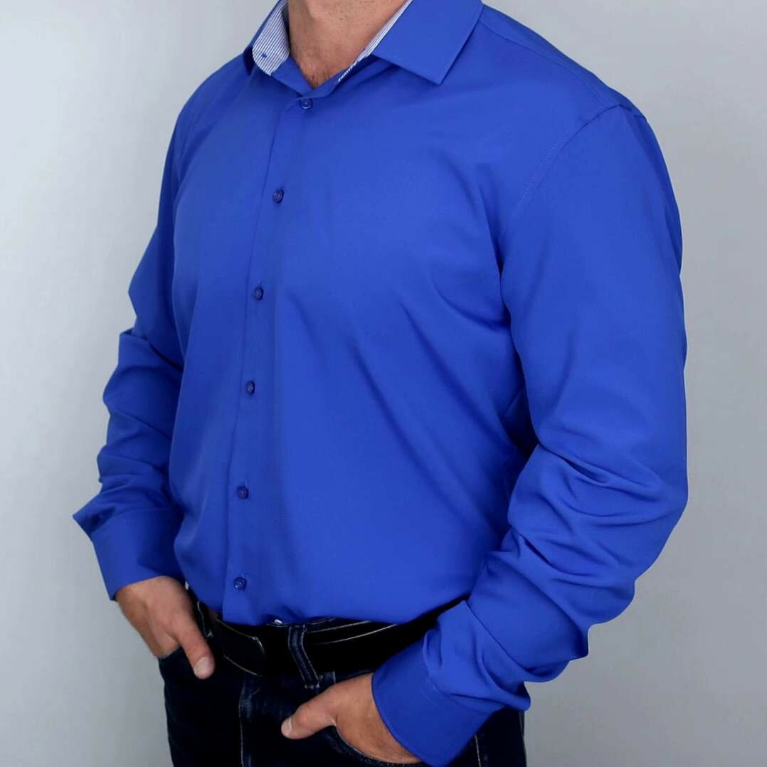 Рубашка Мужская рубашка с длинным рукавом приталенная, сорочка на пуговицах, рубаха на любой сезон, синяя однотонная, без карманов, на любой сезон и на лето рубашка Slim fit с приталенным кроем зауженная