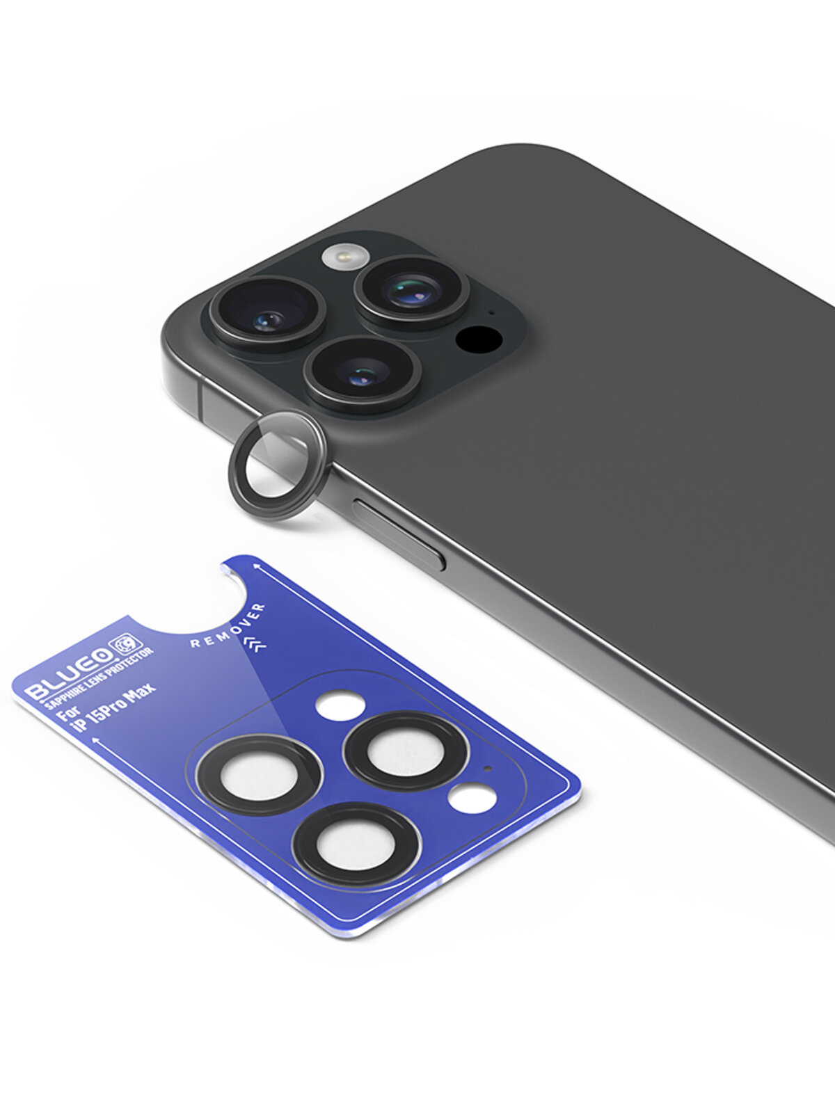 BlueO стекло для iPhone 15 Pro Max, Camera Lens SAPPHIRE metal armored 3 шт. Black (+install)