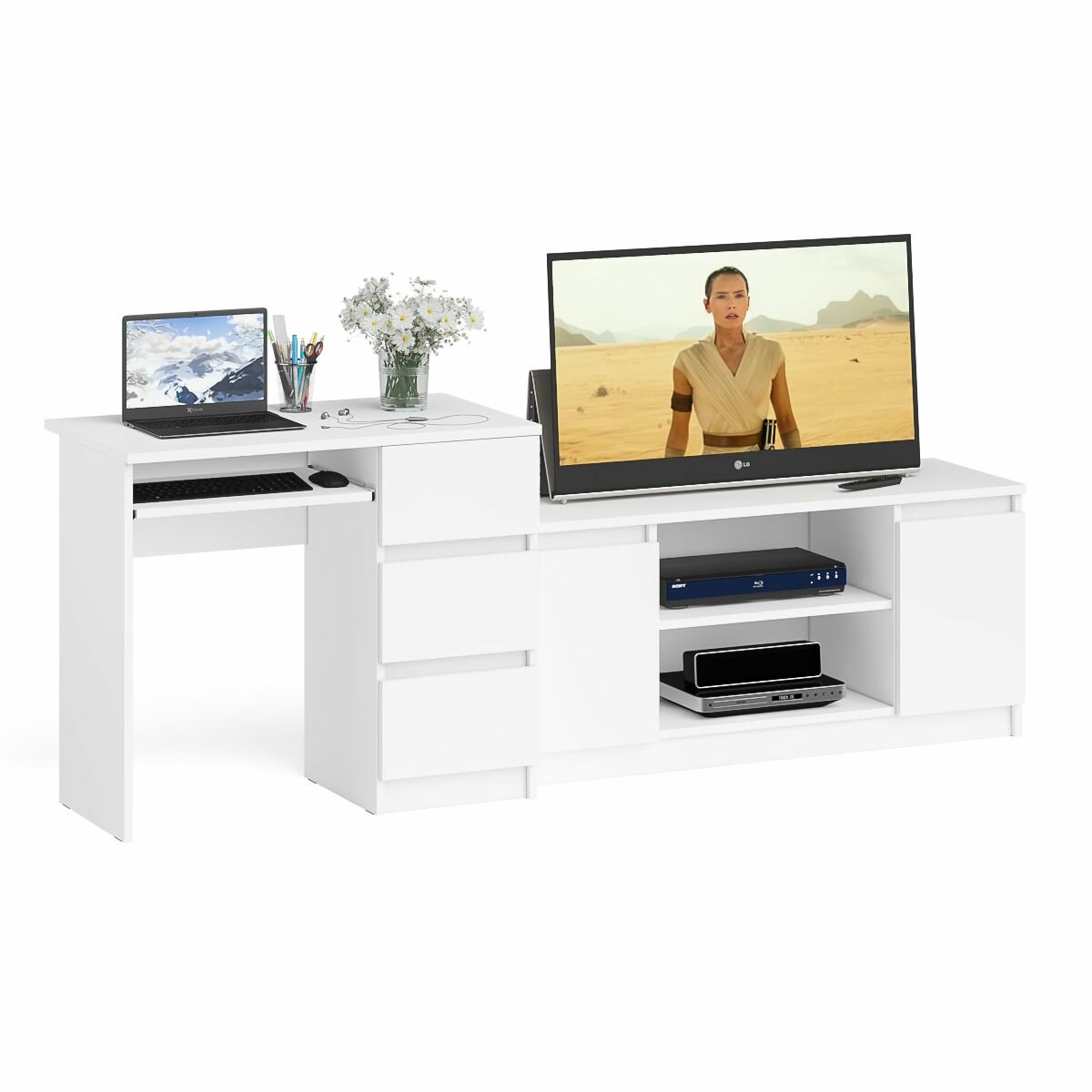 Стол компьютерный СВК Мори МС-6 с тумбой справа и с тумбой цвет белый, 210,4х50х76,6 см.